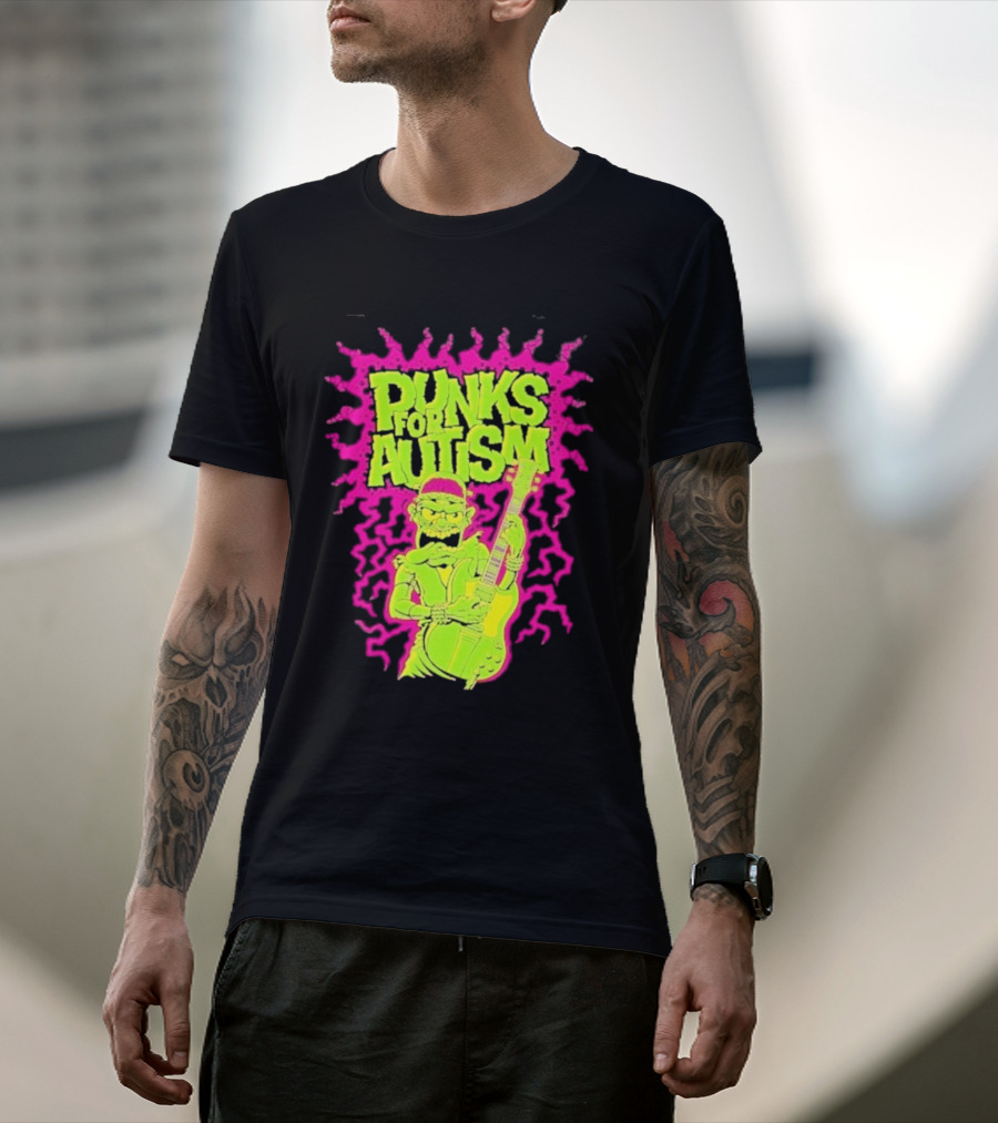 Punks For Autism Frankenstein Guitar Player Neon Rock T-Shirt