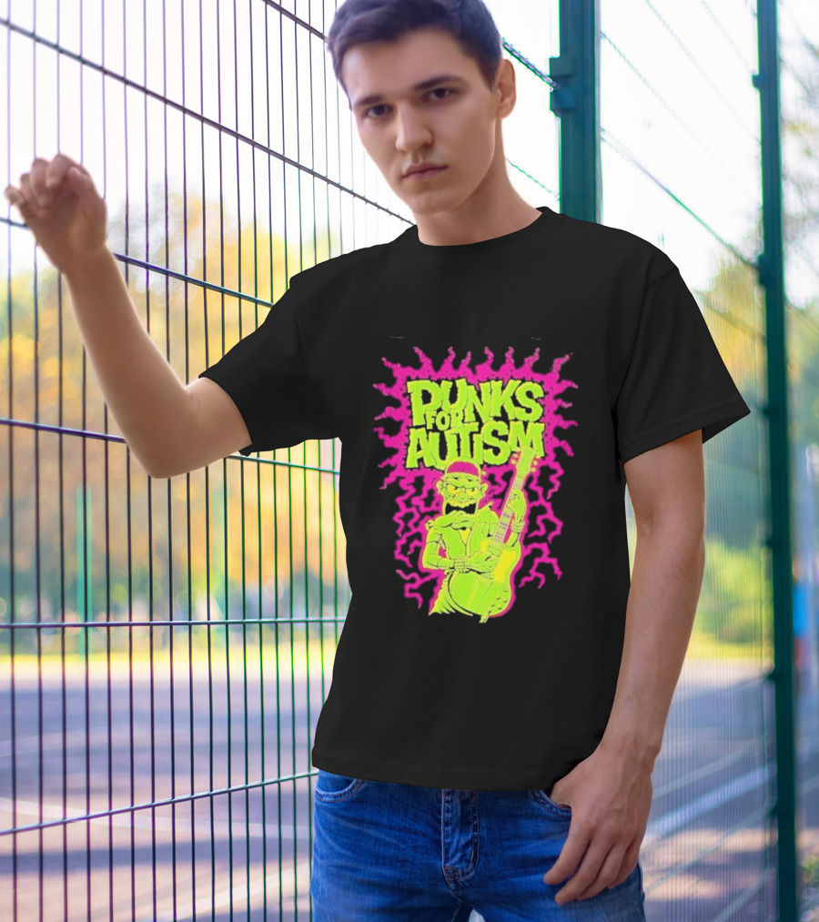 Punks For Autism Frankenstein Guitar Player Neon Rock T-Shirt