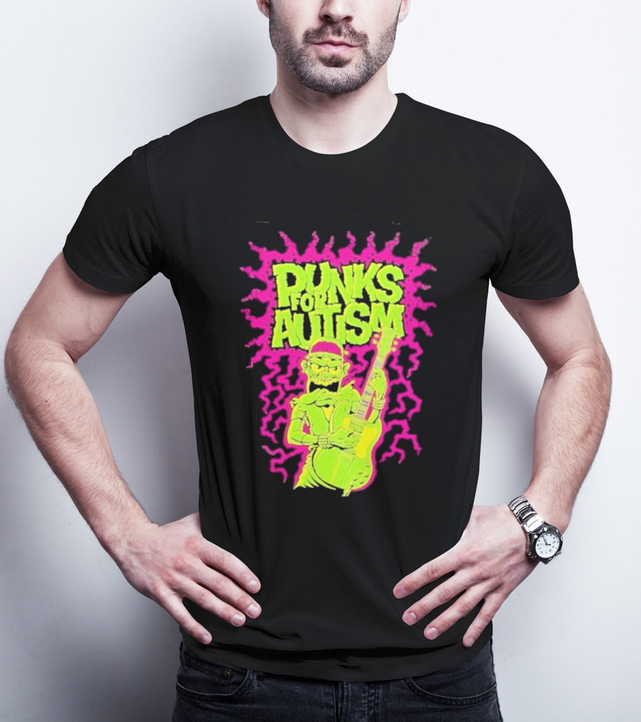 Punks For Autism Frankenstein Guitar Player Neon Rock T-Shirt