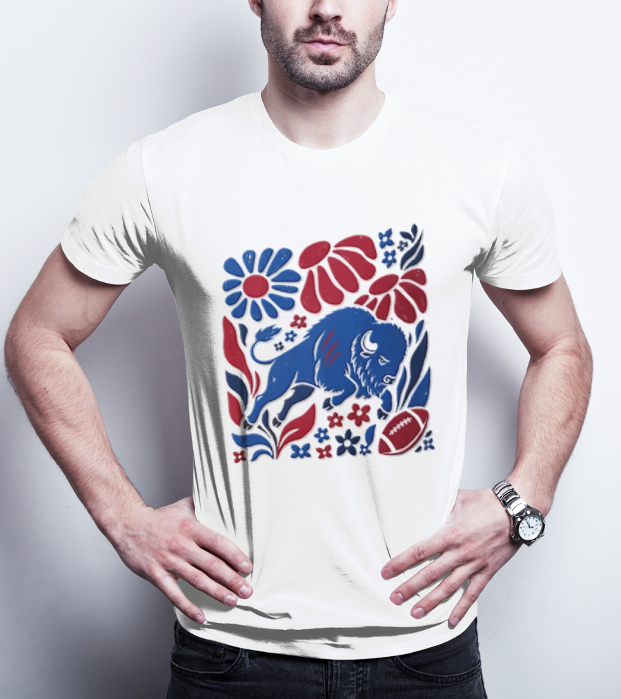 Buffalo Bills Charging Buffalo Red Blue Flowers Football T-Shirt