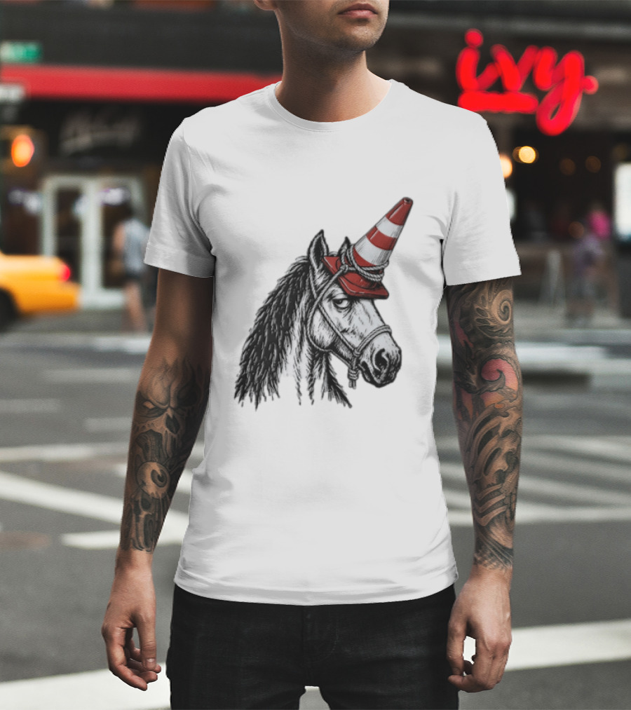 Horse Wearing Red Traffic Cone Hat Rope Accessory T-Shirt