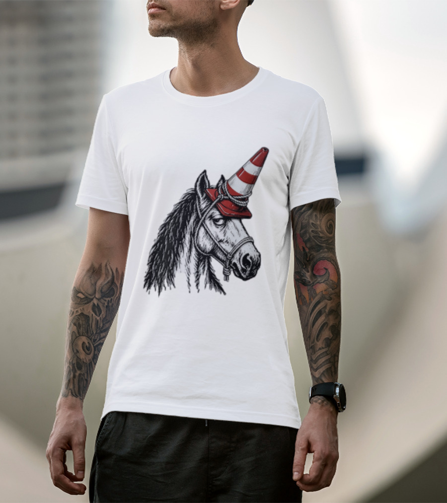 Horse Wearing Red Traffic Cone Hat Rope Accessory T-Shirt