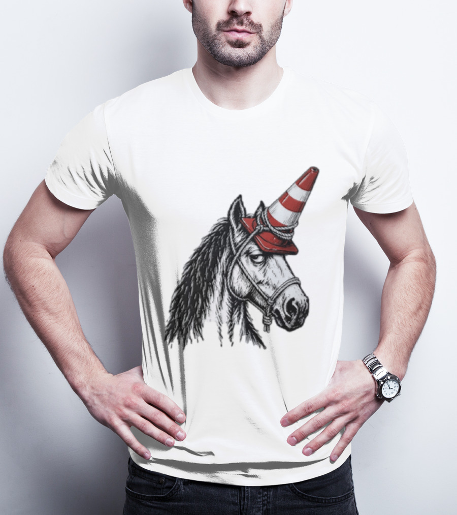 Horse Wearing Red Traffic Cone Hat Rope Accessory T-Shirt