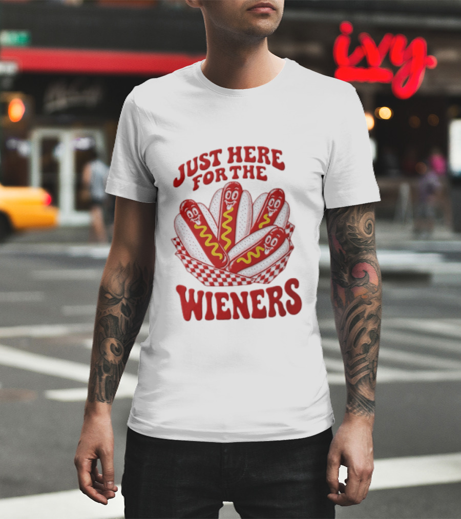 Just Here For The Wieners Four Cartoon Hot Dogs Mustard T-Shirt