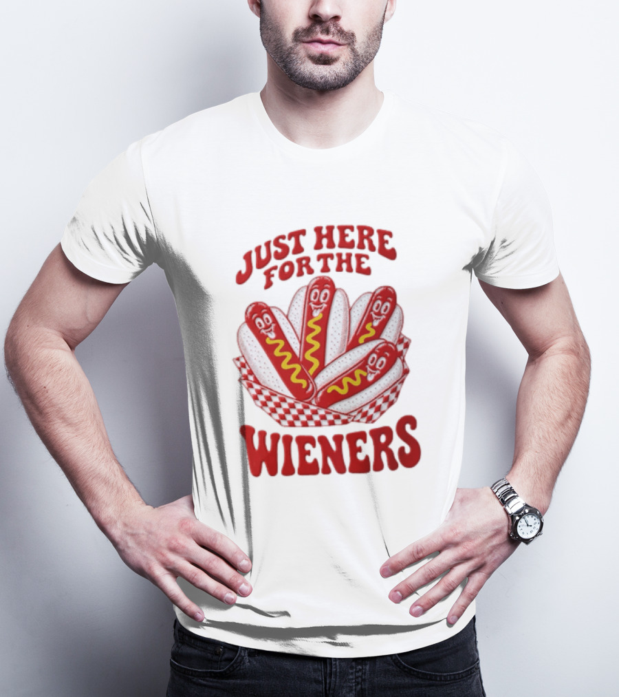 Just Here For The Wieners Four Cartoon Hot Dogs Mustard T-Shirt