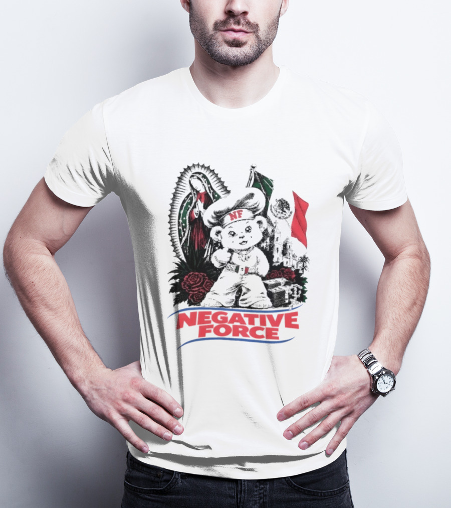 Negative Force Bear With Mexican Flag Virgin Mary Roses T-Shirt