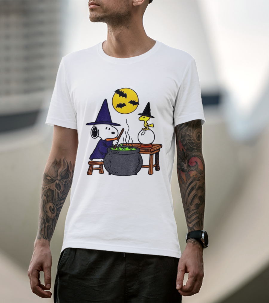 Snoopy Witch Cauldron Woodstock Crystal Ball Halloween Moon Bats T-Shirt