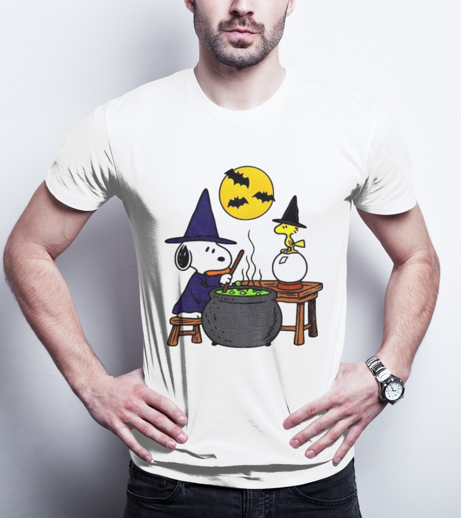 Snoopy Witch Cauldron Woodstock Crystal Ball Halloween Moon Bats T-Shirt