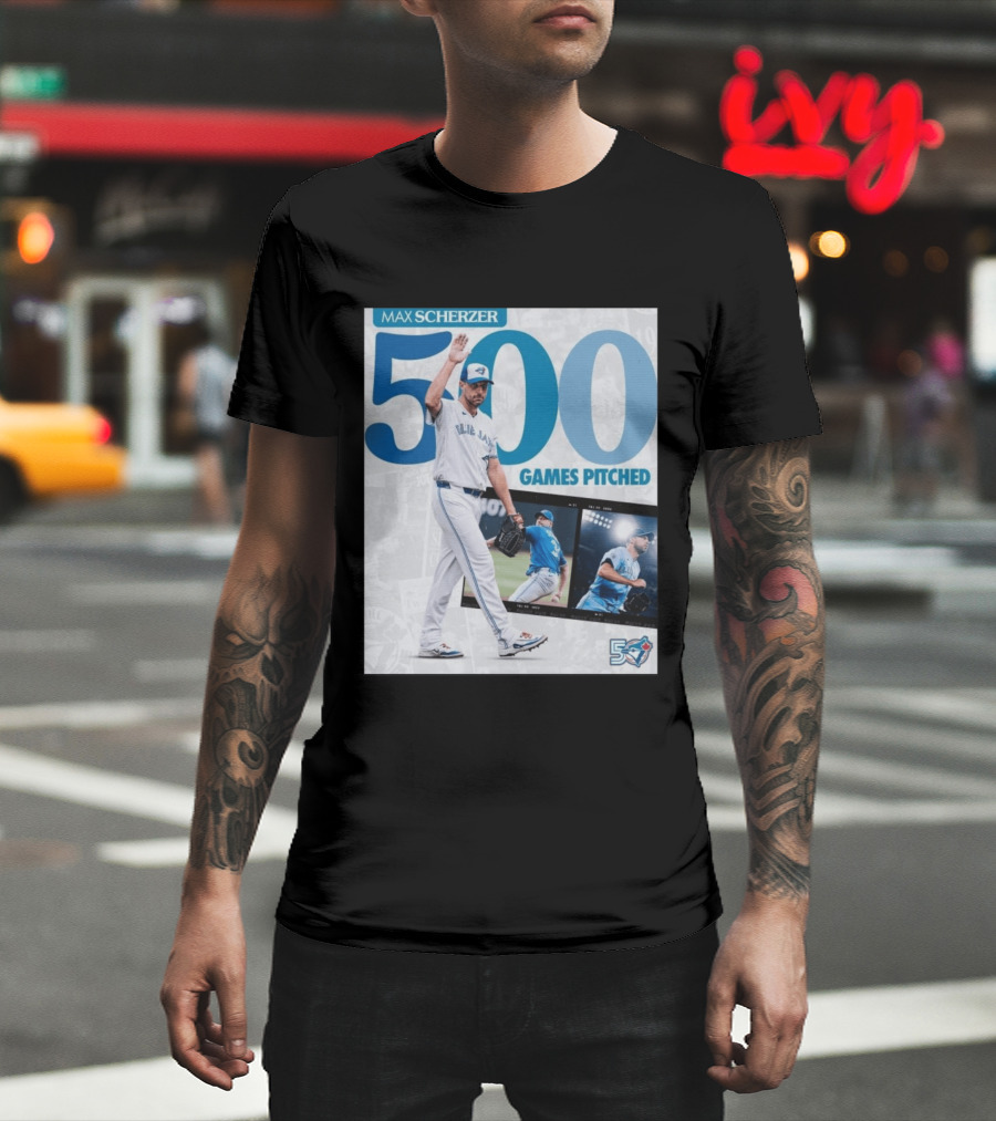 Max Scherzer 500 Games Pitched Blue Jays 50 T-Shirt
