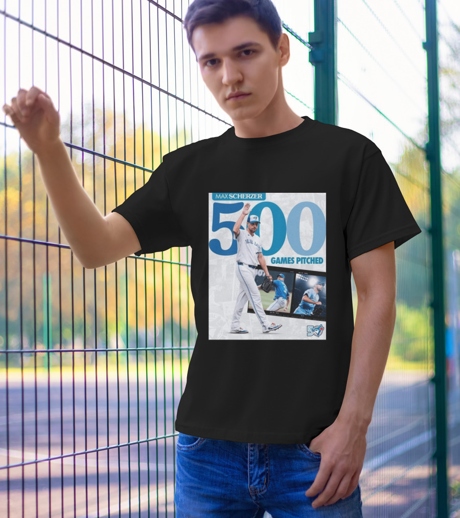 Max Scherzer 500 Games Pitched Blue Jays 50 T-Shirt