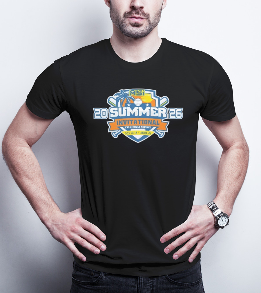 MSI Summer Invitational Tournament 2026 July 10 12 Aston PA Baseball Bat Beach Palm Tree Sunburst T-Shirt
