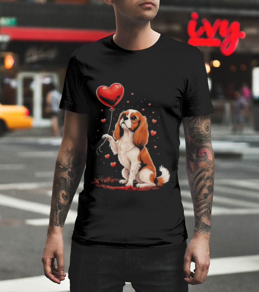Cavalier King Charles Spaniel With Heart Balloon Surrounded By Floating Hearts T-Shirt