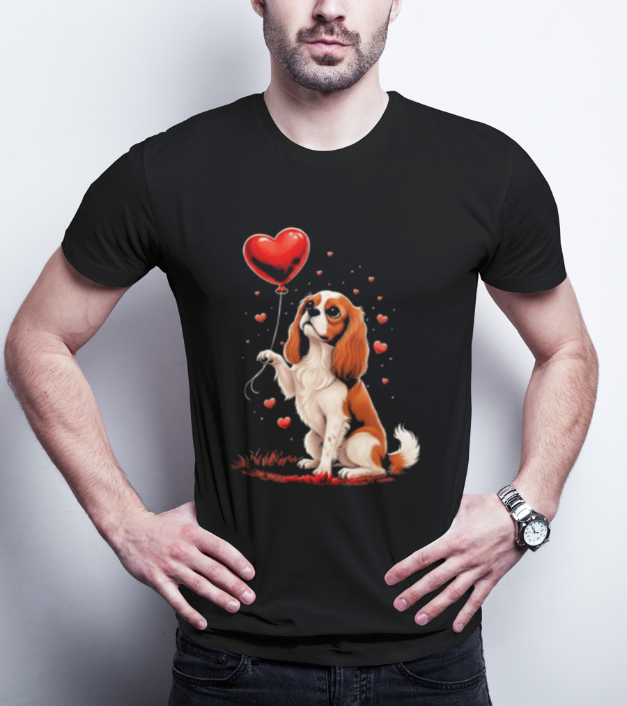 Cavalier King Charles Spaniel With Heart Balloon Surrounded By Floating Hearts T-Shirt
