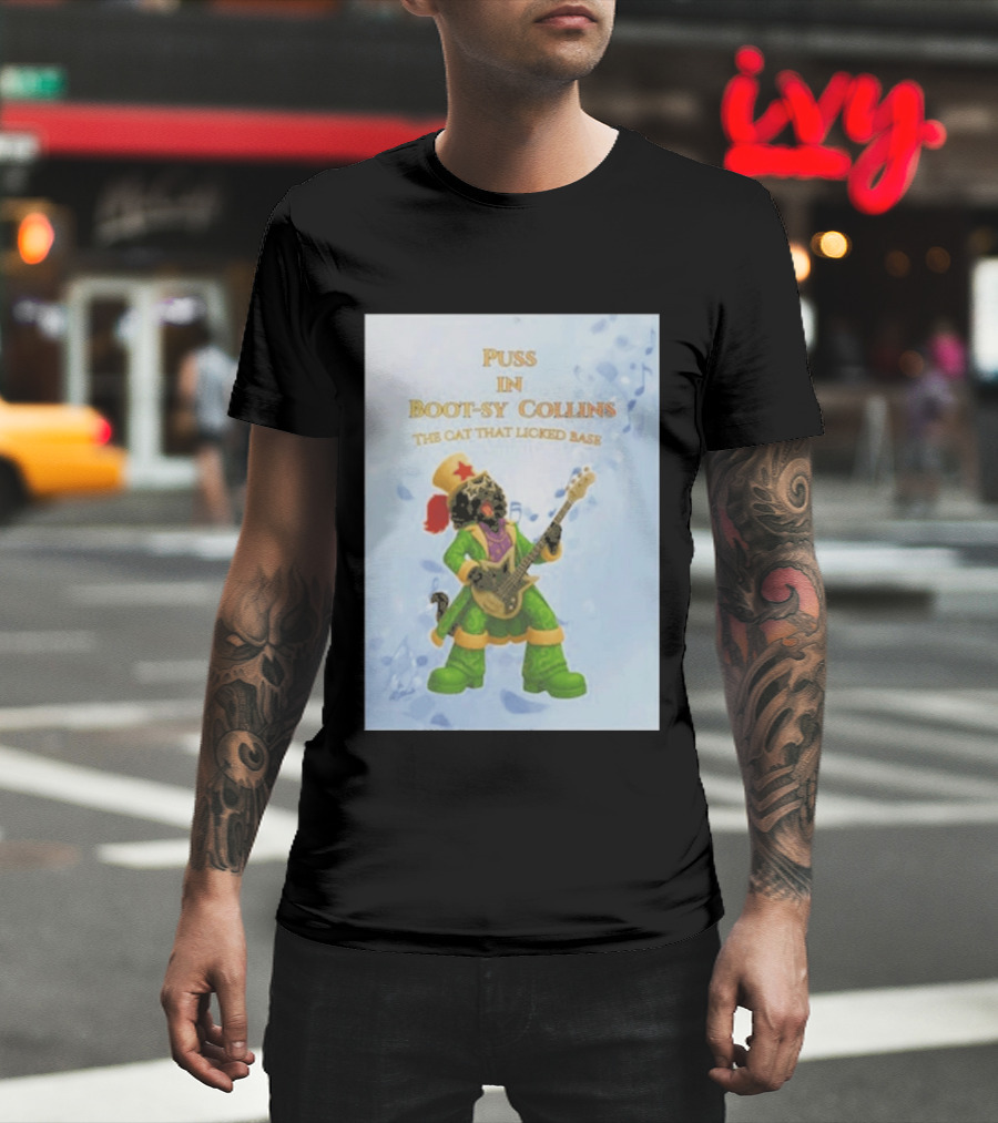 Puss In Bootsy Collins The Cat That Licked Base Green Costume Star Hat Guitar Player T-Shirt