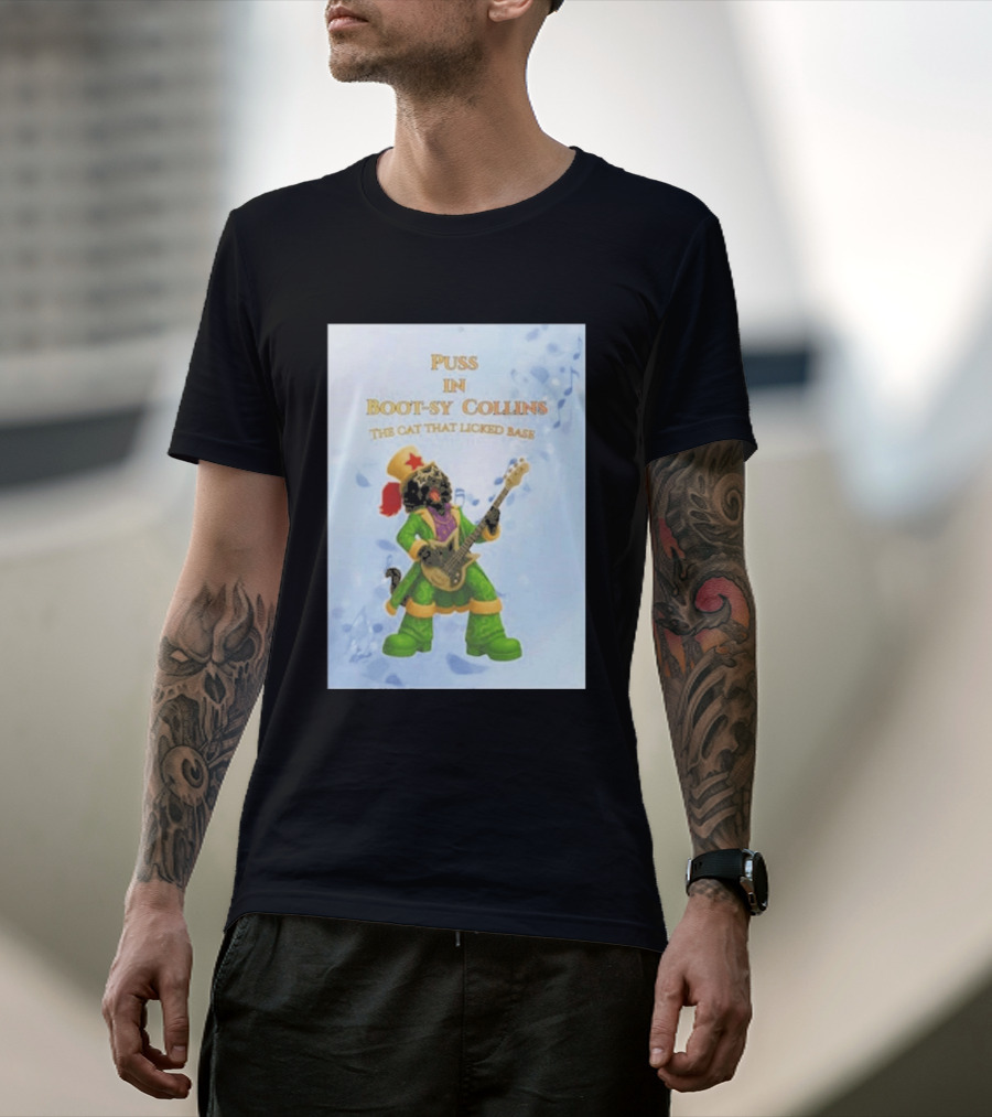 Puss In Bootsy Collins The Cat That Licked Base Green Costume Star Hat Guitar Player T-Shirt