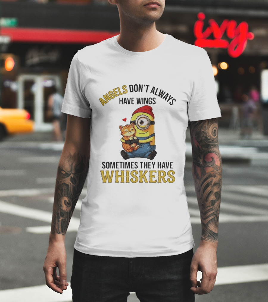 Minion Angels Don't Always Have Wings Sometimes They Have Whiskers Red Beanie Kitten T-Shirt
