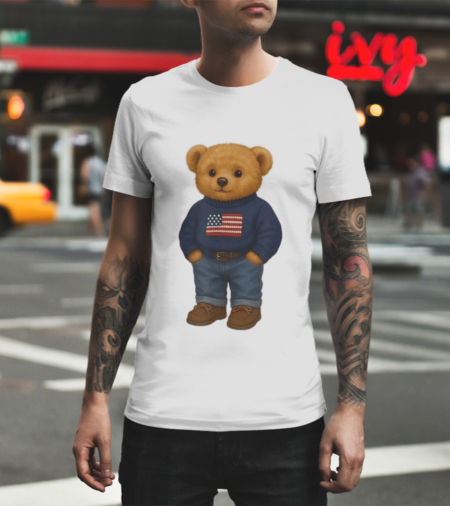 Polo Bear Sweater With American Flag Knit Fashion T-Shirt