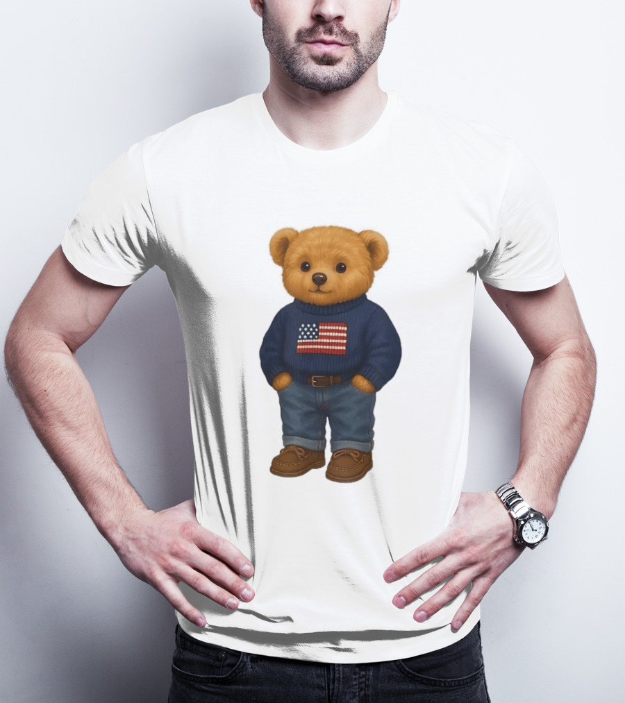 Polo Bear Sweater With American Flag Knit Fashion T-Shirt