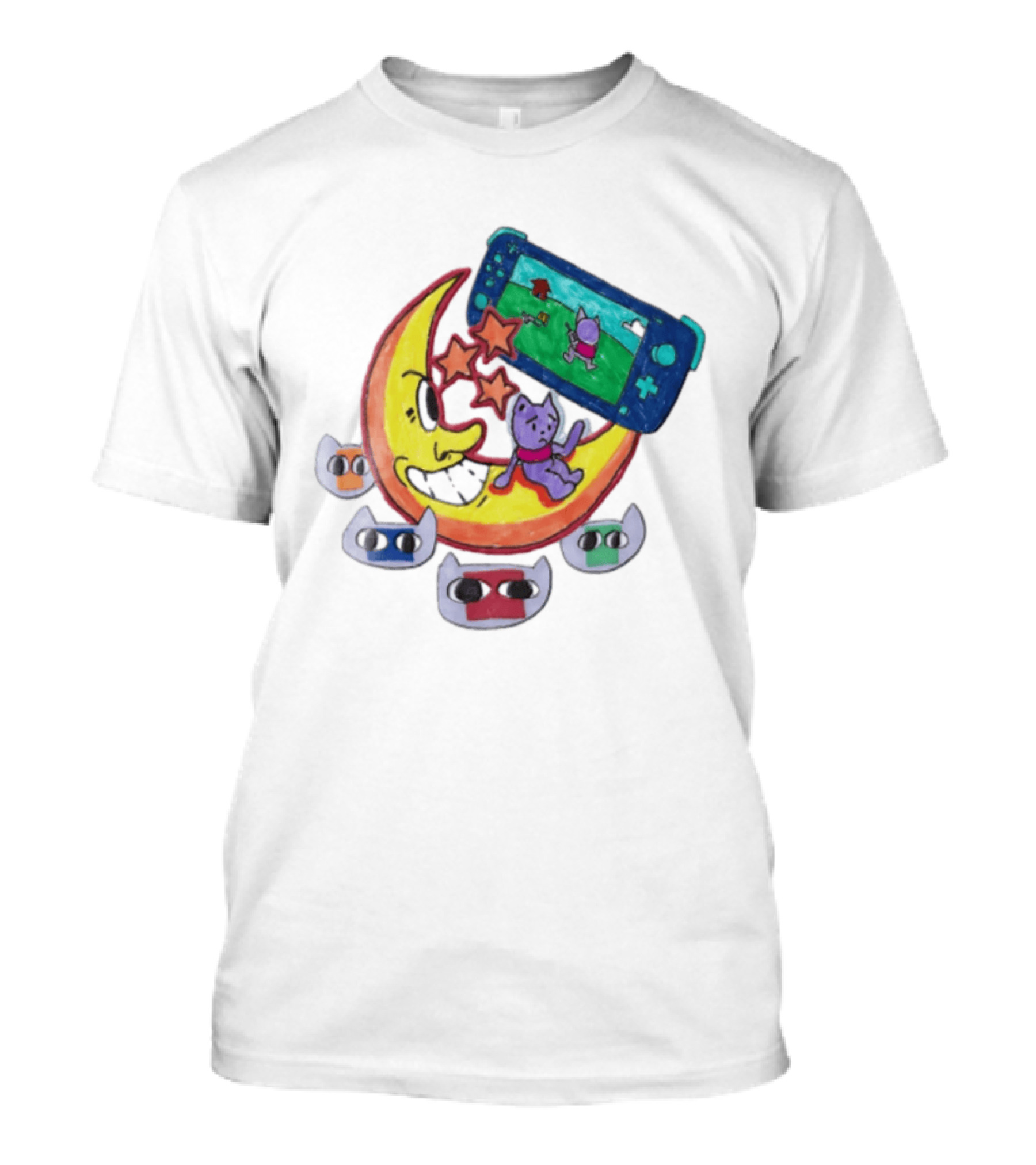 Purple Bear Gaming On Moon With Sunflowers And Dogs Whimsical Two Sided T-Shirt