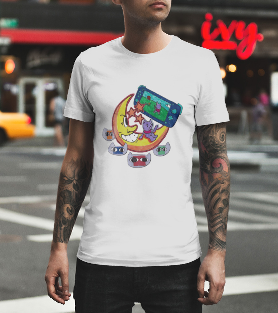Purple Bear Gaming On Moon With Sunflowers And Dogs Whimsical Two Sided T-Shirt