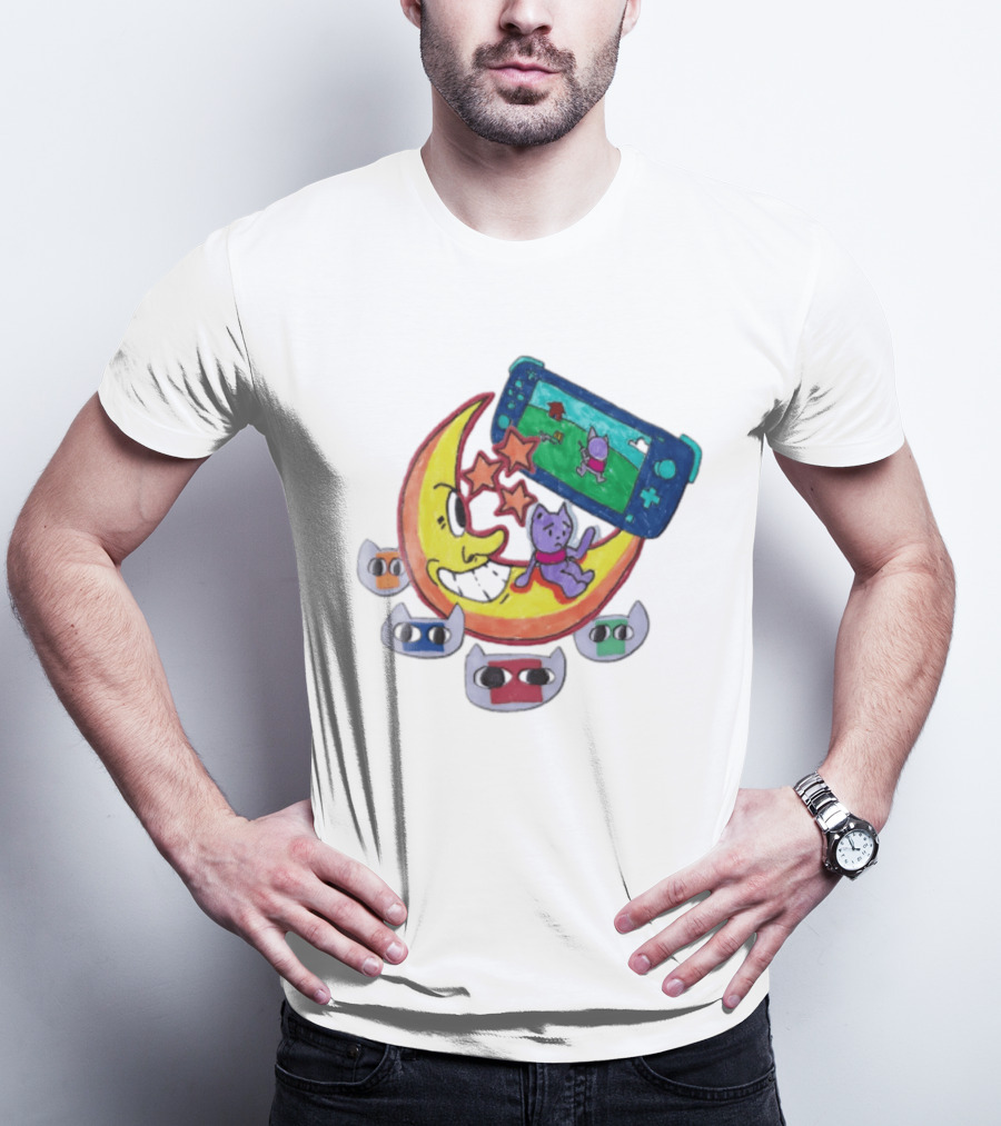 Purple Bear Gaming On Moon With Sunflowers And Dogs Whimsical Two Sided T-Shirt
