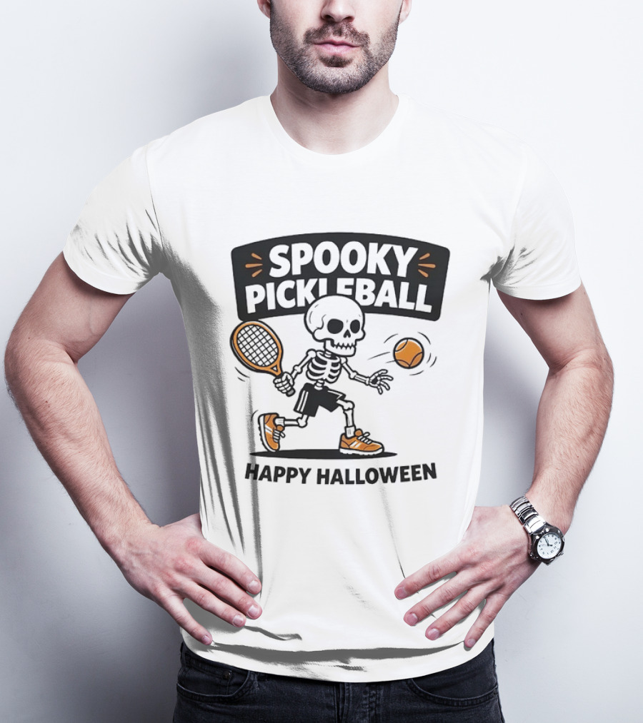 Spooky Pickleball Skeleton Halloween T-Shirt