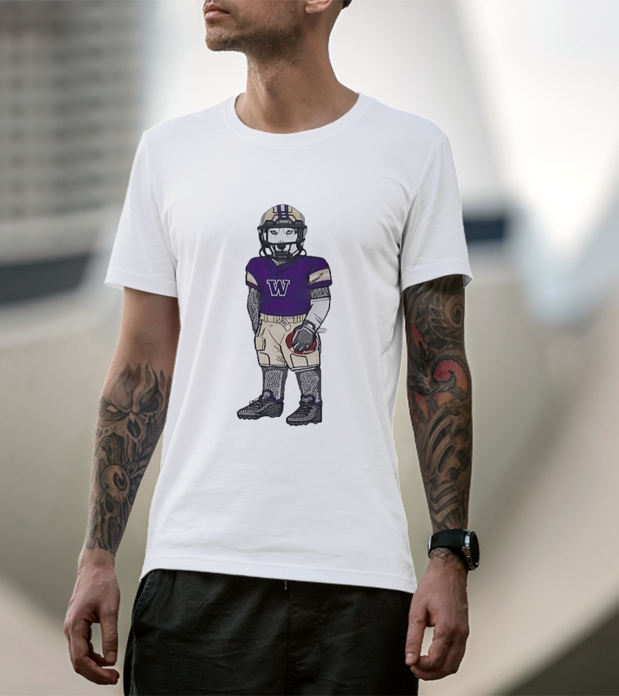 Washington Huskies Football Player Husky Mascot With Purple Jersey T-Shirt