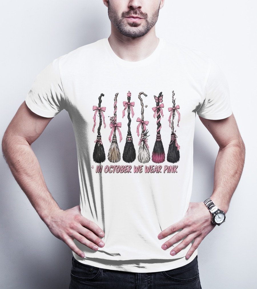 In October We Wear Pink Witch Brooms Breast Cancer Awareness T-Shirt