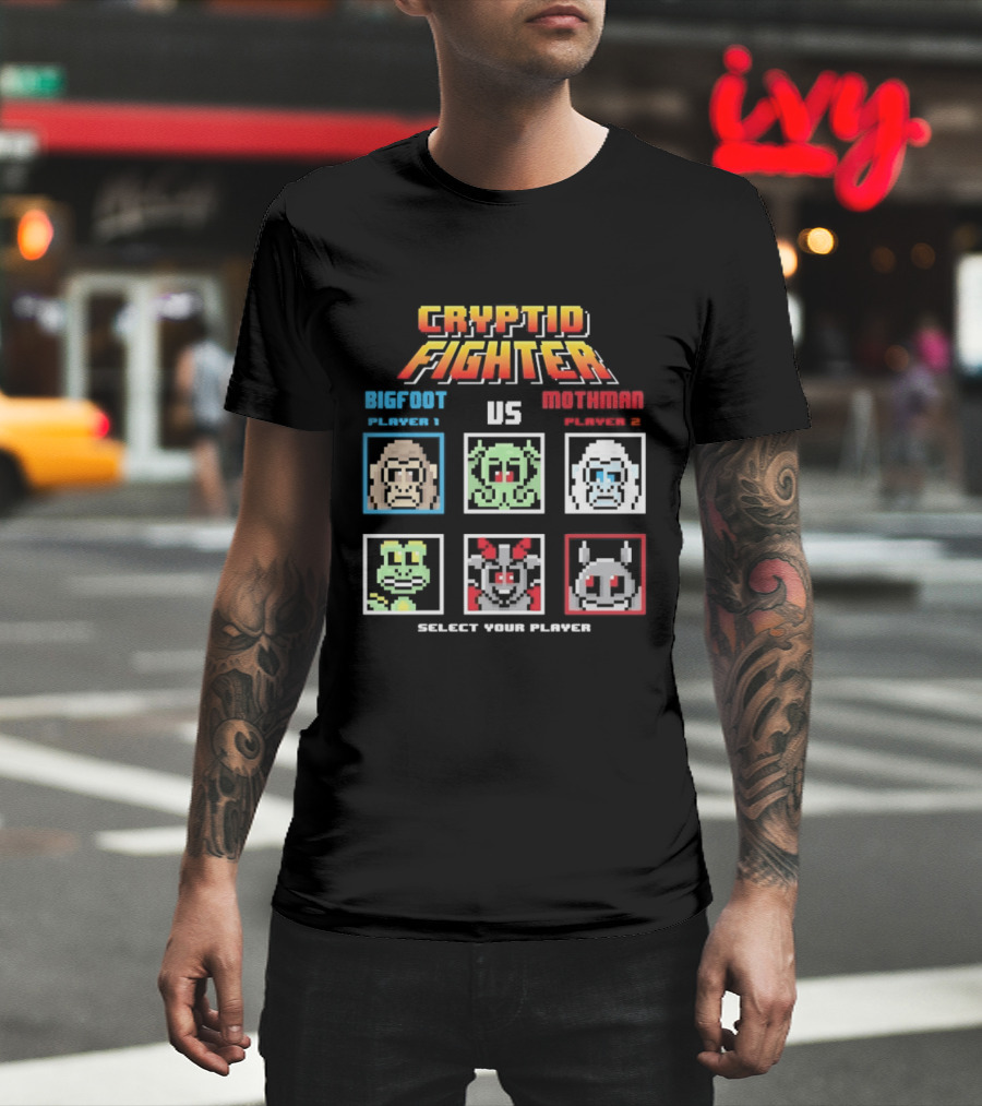 Cryptid Fighter Bigfoot Player 1 Vs Mothman Player 2 Select Your Player T-Shirt