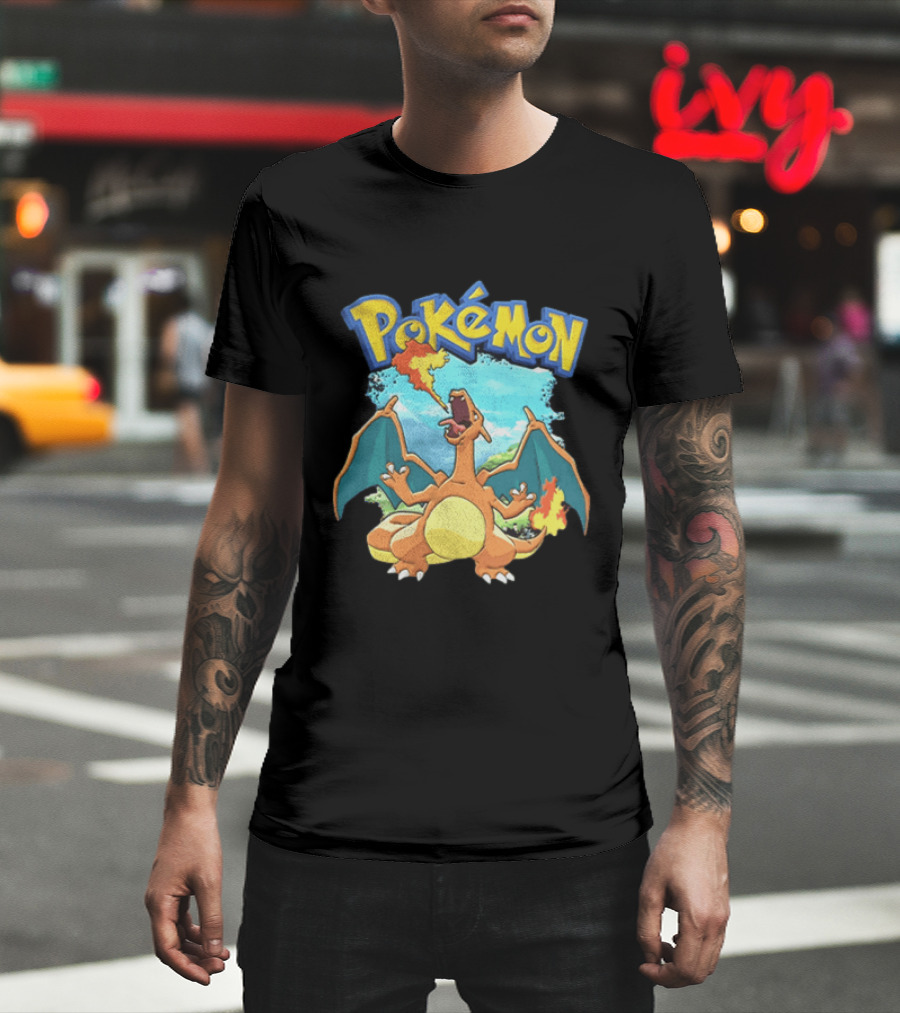 Pokemon Charizard Breathing Fire In Green Landscape T-Shirt