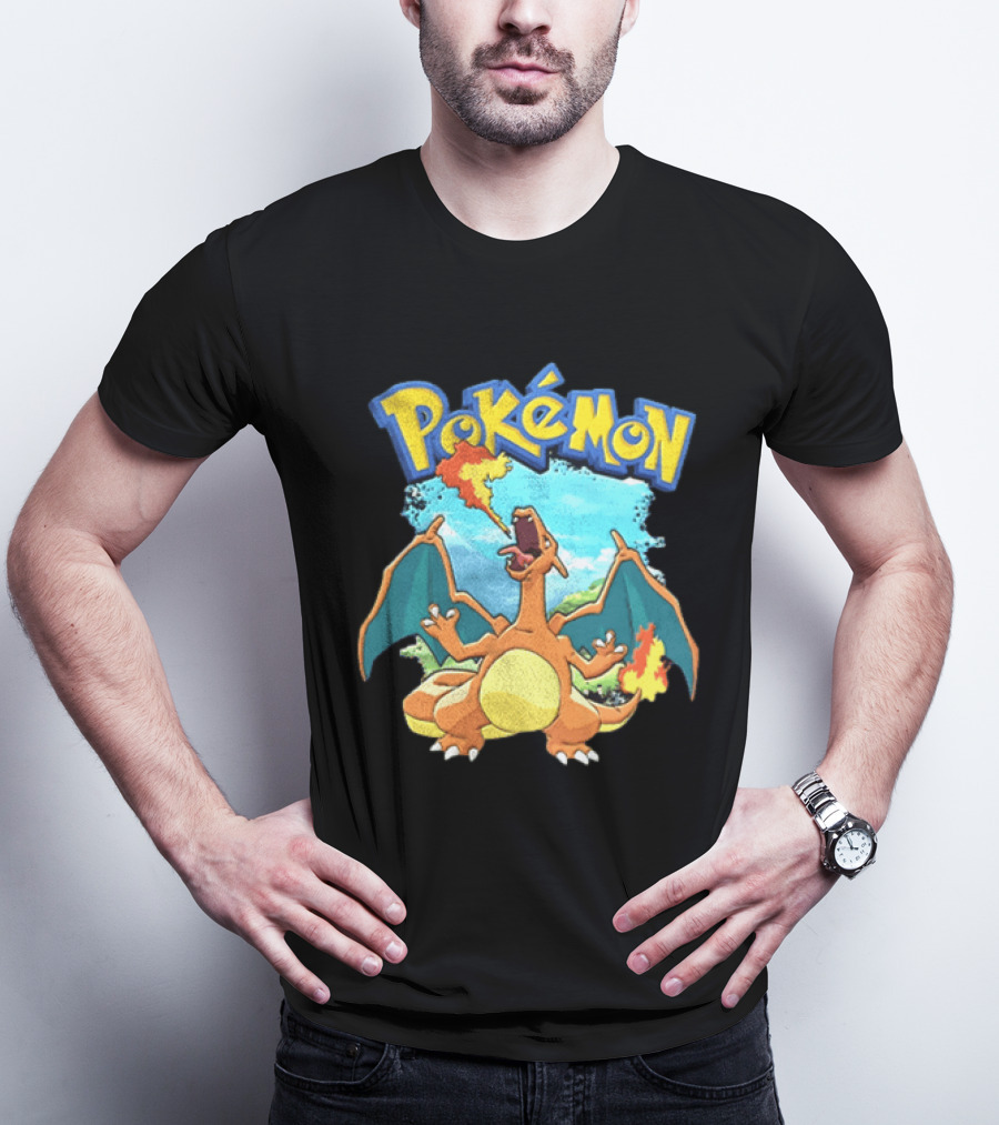 Pokemon Charizard Breathing Fire In Green Landscape T-Shirt