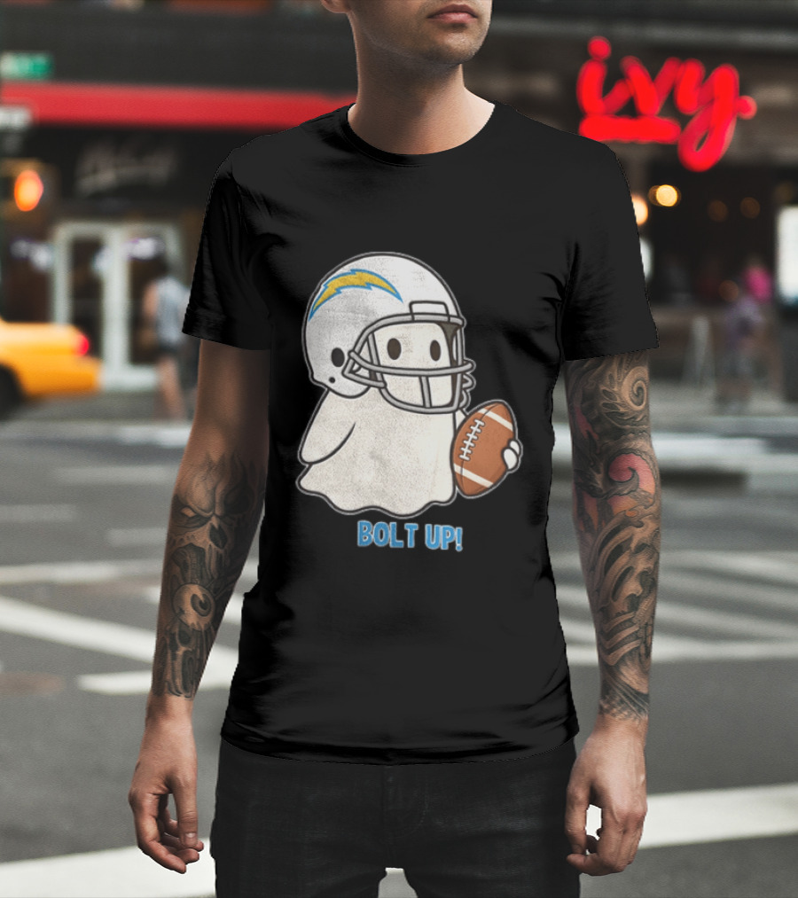Los Angeles Chargers Bolt Up Ghost Football Helmet Holding Ball T-Shirt