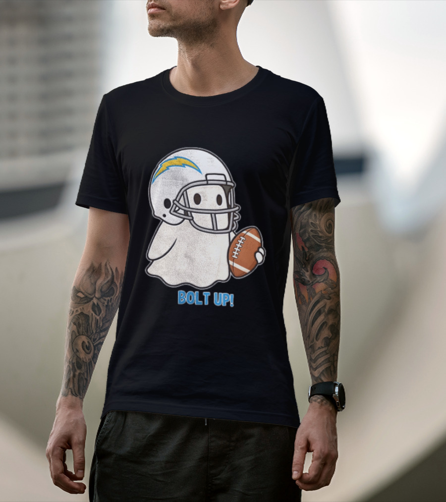 Los Angeles Chargers Bolt Up Ghost Football Helmet Holding Ball T-Shirt