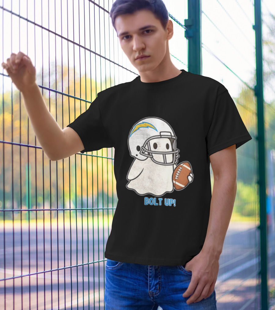 Los Angeles Chargers Bolt Up Ghost Football Helmet Holding Ball T-Shirt