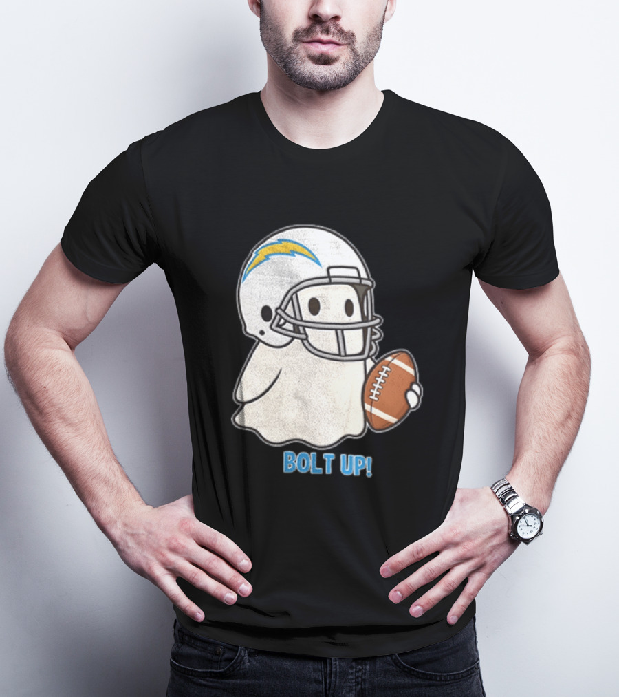Los Angeles Chargers Bolt Up Ghost Football Helmet Holding Ball T-Shirt