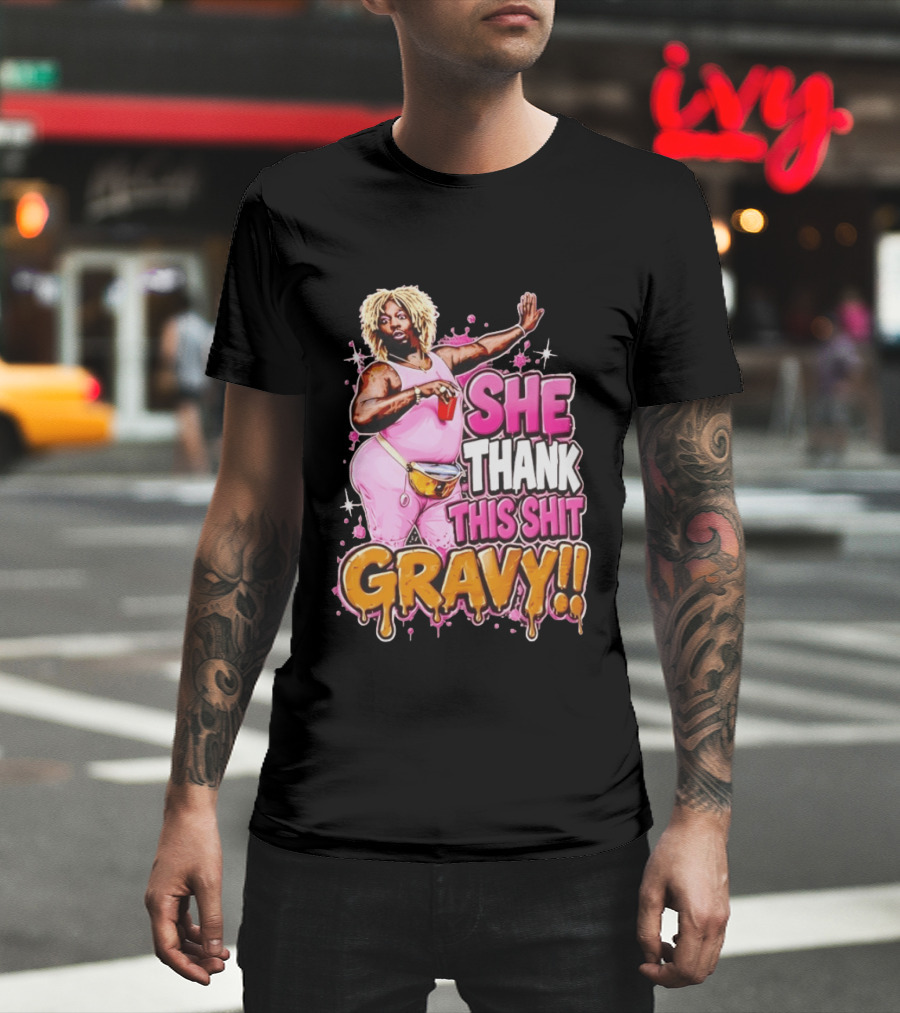 Yung Gravy She Thank This Shit Gravy Rapper Pink Outfit Drink Pose T-Shirt