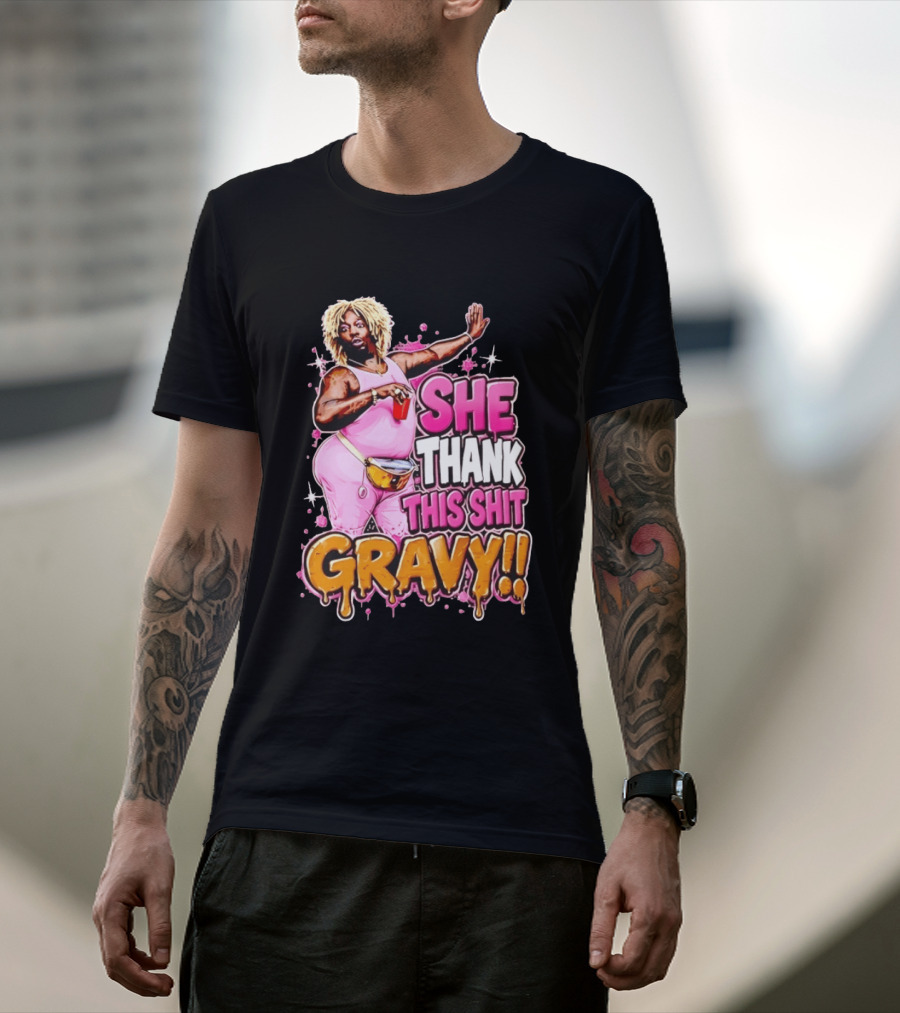 Yung Gravy She Thank This Shit Gravy Rapper Pink Outfit Drink Pose T-Shirt