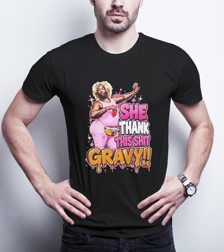 Yung Gravy She Thank This Shit Gravy Rapper Pink Outfit Drink Pose T-Shirt