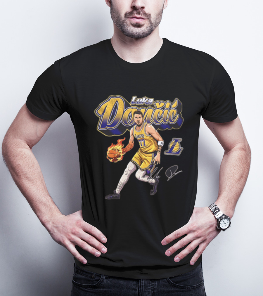 Luka Dončić Los Angeles Lakers Flaming Basketball Dribble NBA Player T-Shirt