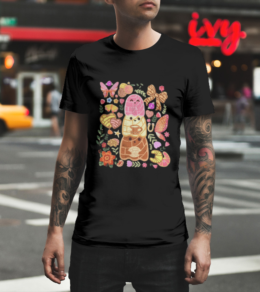 Stacked Concha Bread Characters With Colorful Flowers And Butterflies T-Shirt