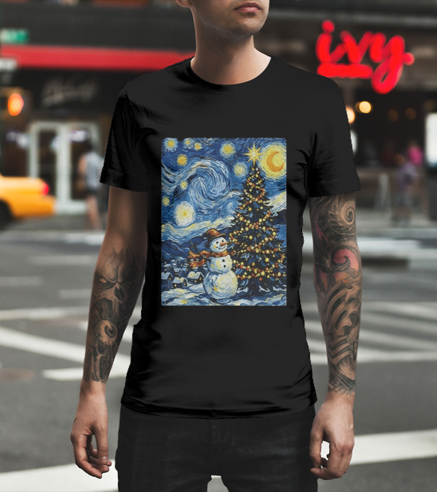 Starry Snowman Christmas Night With Tree And Sky T-Shirt