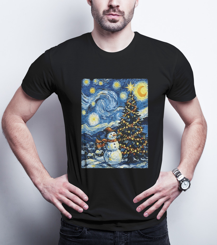 Starry Snowman Christmas Night With Tree And Sky T-Shirt
