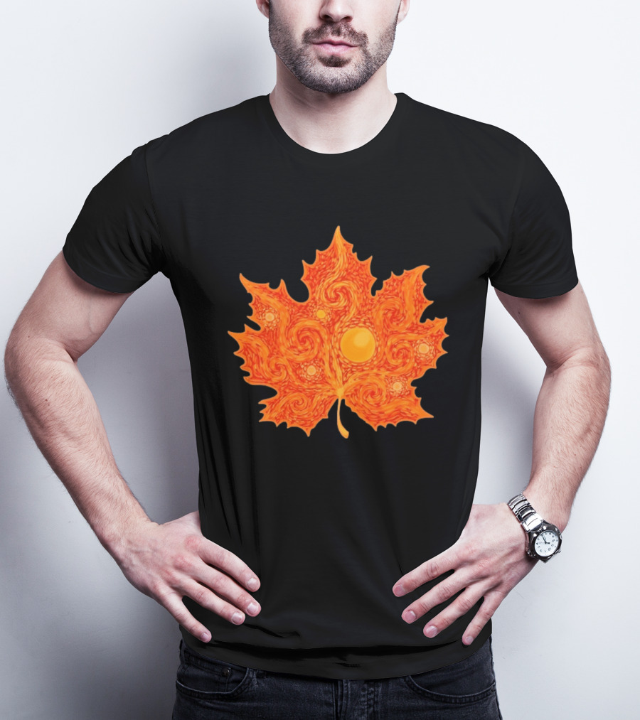 Starry Night Orange Maple Leaf Autumn Swirl T-Shirt