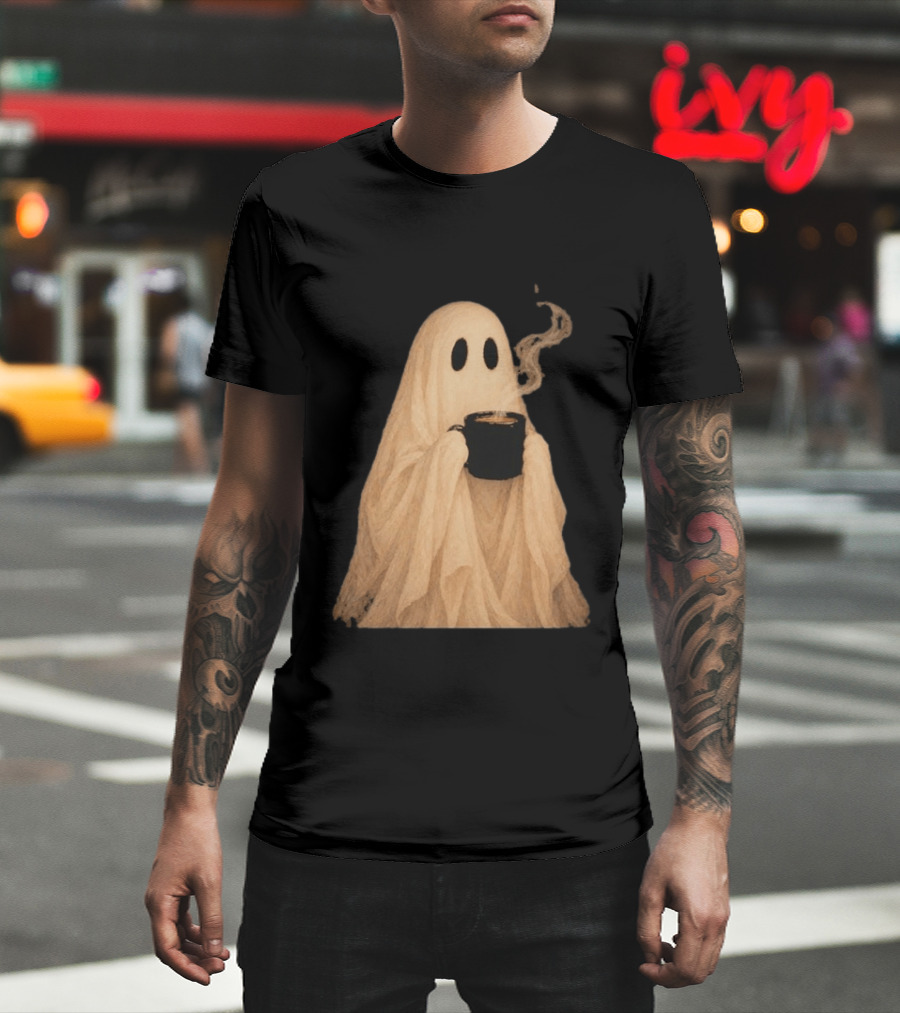 Ghost Spooky Coffee Bar Halloween Cozy Ghost Holding Coffee Steam T-Shirt