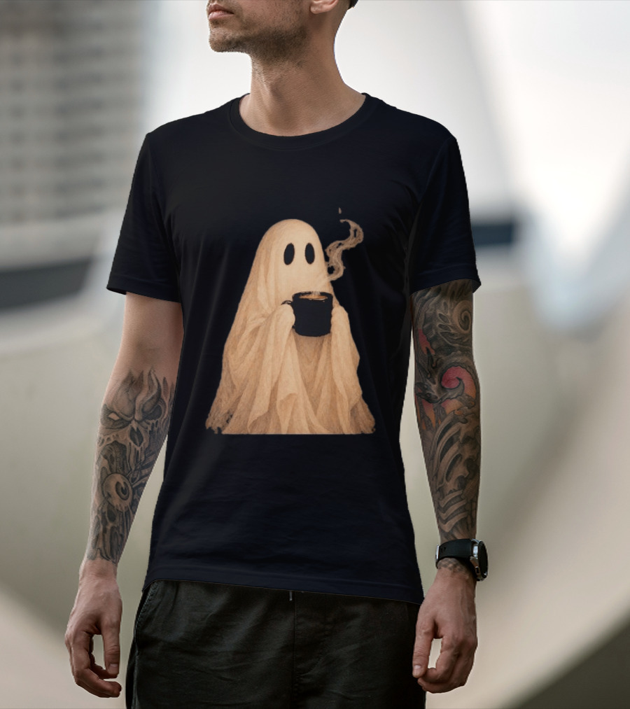 Ghost Spooky Coffee Bar Halloween Cozy Ghost Holding Coffee Steam T-Shirt