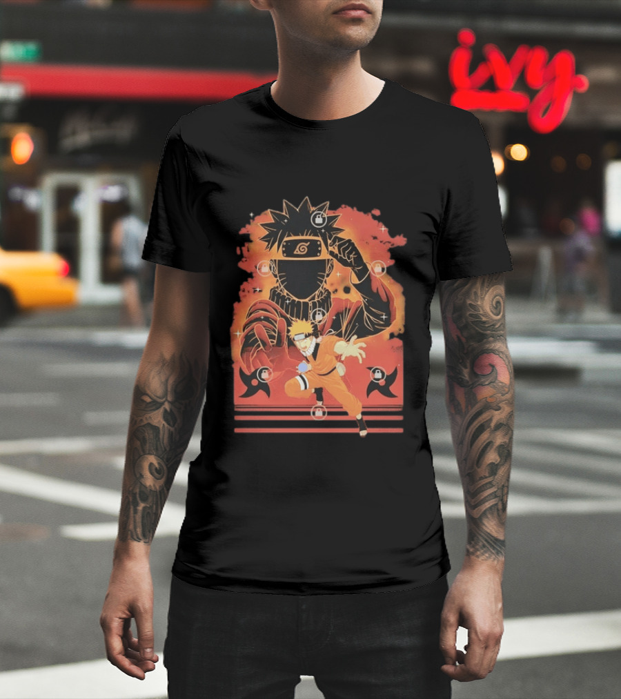 Naruto Uzumaki Ninja Action Anime Manga Shadow Clone Jutsu Shuriken Flames T-Shirt