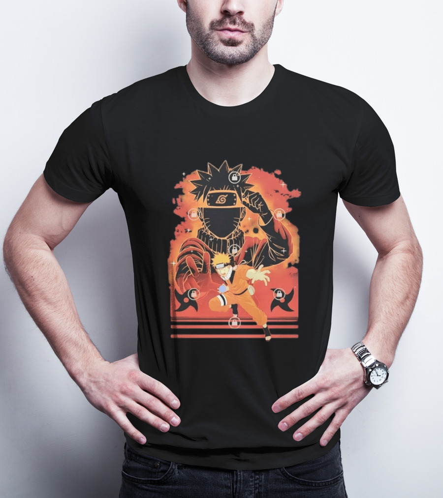 Naruto Uzumaki Ninja Action Anime Manga Shadow Clone Jutsu Shuriken Flames T-Shirt