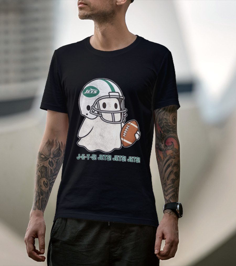 J E S Jets Jets Jets New York Jets Football Helmet Ghost Holding Football T-Shirt