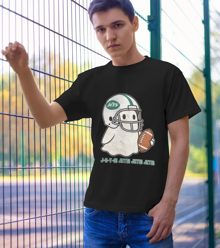 J E S Jets Jets Jets New York Jets Football Helmet Ghost Holding Football T-Shirt
