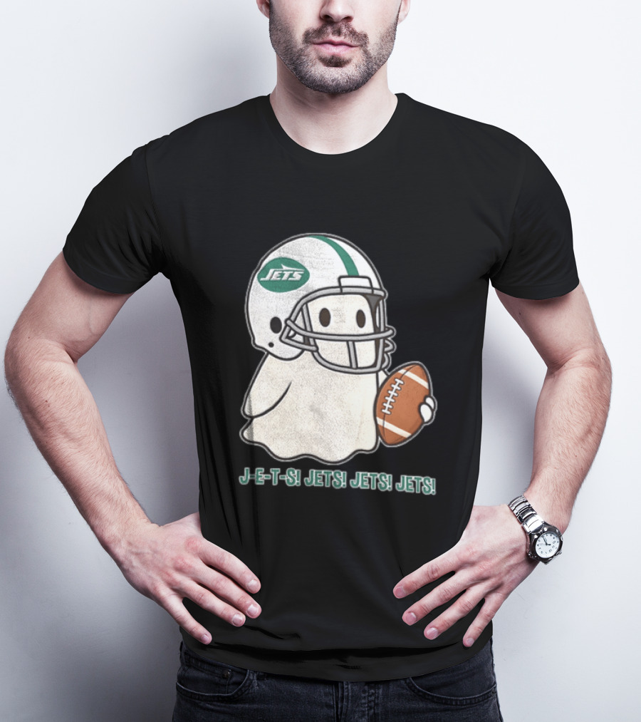 J E S Jets Jets Jets New York Jets Football Helmet Ghost Holding Football T-Shirt